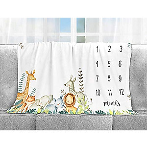 Popfavors, Yuzioey Safari Baby Monthly Milestone Blanket, Jungle Animals Baby Month Blanket , Baby Boy Blanket Growth Chart Nursery Decor, Includes Marker, White, 50Inx40In