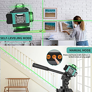 16 Lines Laser Level Self Leveling, 4x360° 4D Green Cross Line Lazer Level Tool with 2 Rechargable Batteries,Two 360° Vertical and Two 360° Horizontal Laser Dimmable brightness & Remote Controller