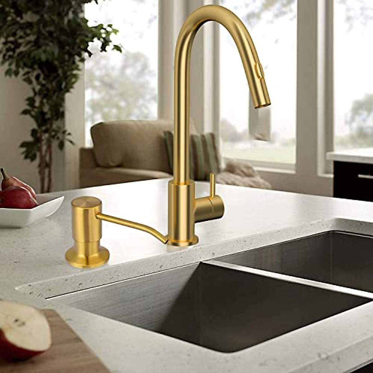 SAMODRA Soap Dispenser for Kitchen Sink, Premium Stainless Steel Pump Head 17 OZ Bottle 3.15 Inch Threaded Tube for Granite Thick Deck Installs (Brushed Brass)
