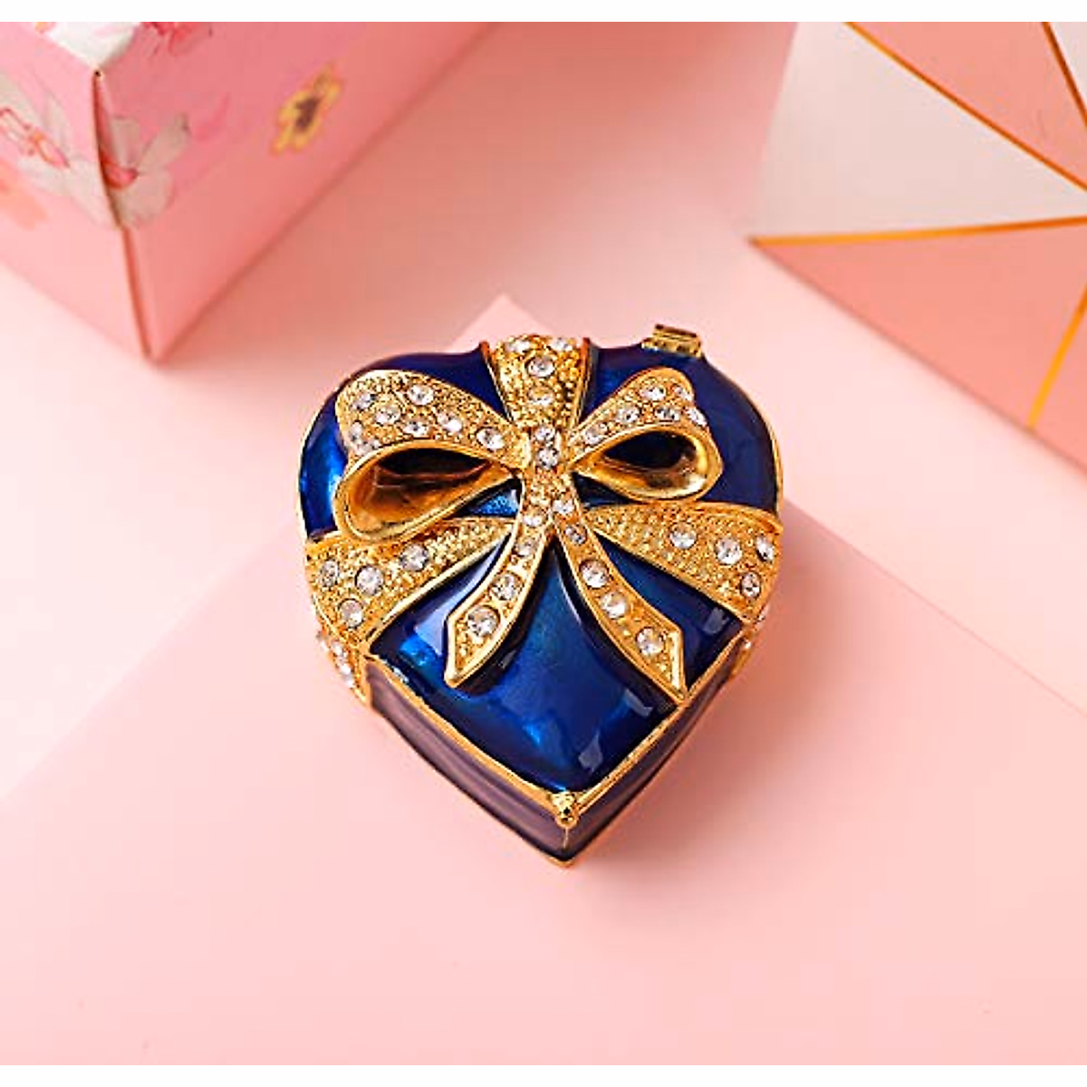 Furuida Love Heart Bow-knot Blue Jewelry Trinket Box Hand-painted Diamond Classic Ornaments Craft Gift for Birthday Thanksgiving Valentine's Day Christmas Mother's Day
