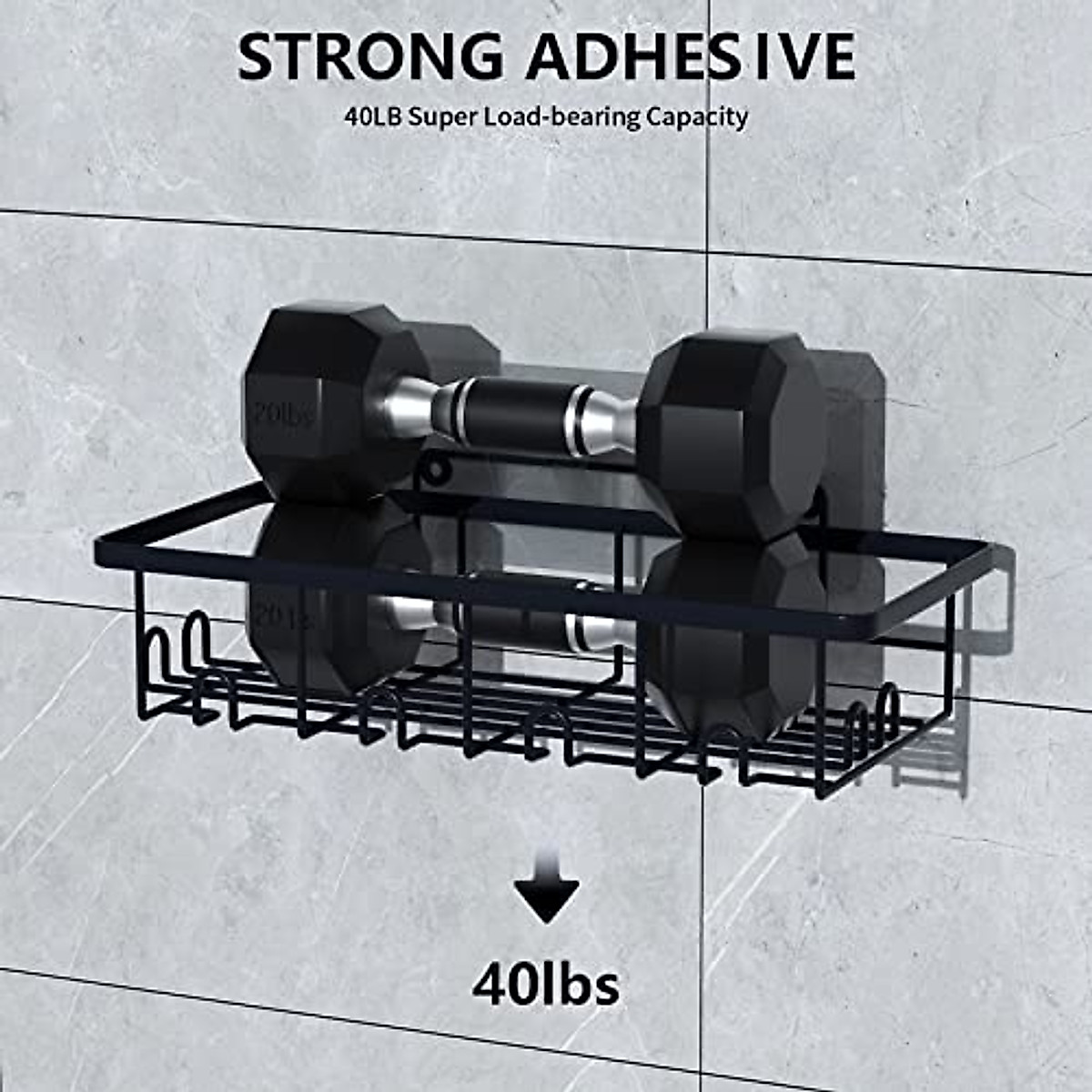 4-Pack Adhesive Shower Caddy, Bathroom Organizer with Soap Holder, Rustproof Stainless Steel Shower Organizer, Wall Mounted No Drilling Shower Rack with Hooks for Bathroom, Kitchen, Washroom- Black