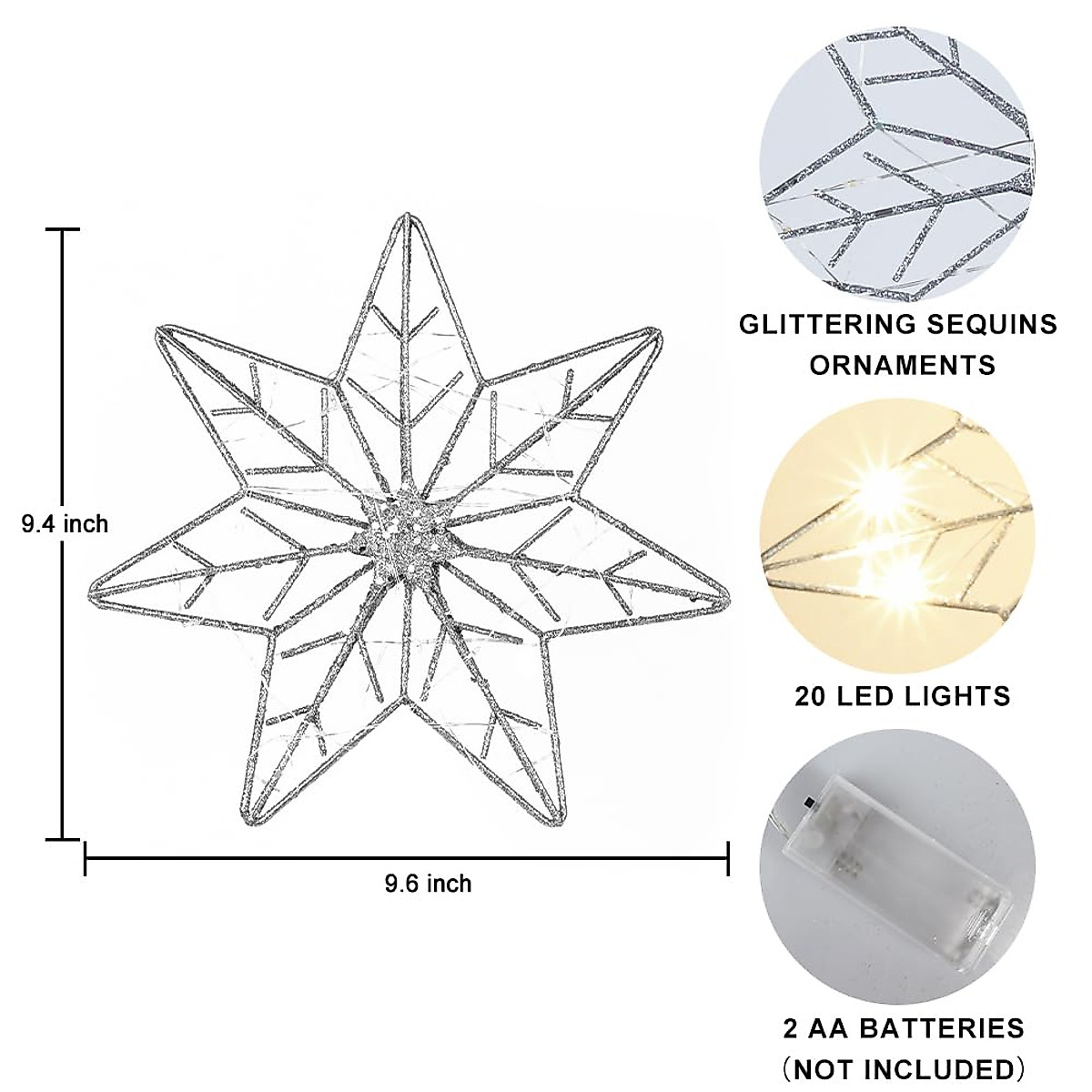 YEAHOME Christmas Tree Topper, Lighted Hollow 7-Point Star Tree Topper, Wire Star for Christmas Treetop with 20 LED Lights Xmas Tree Topper for Christmas Tree Ornament Decoration, Silver Glittered