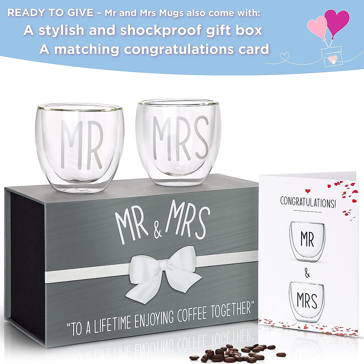 MM Creations - MR and MRS GIFT BOX: Clear & Heat insulated Coffee Mugs Set of 2, 9 Oz| in a Ready to Offer Stylish and shockproof Packaging