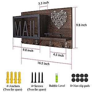 FREEDHIN Mail Organizer Wall Mount with 4 Key Hooks, Key Holder for Wall Wooden Mail Sorter Organizer and Floating Shelf Rustic Home Decor for Entryway or Mudroom (Dark Brown)