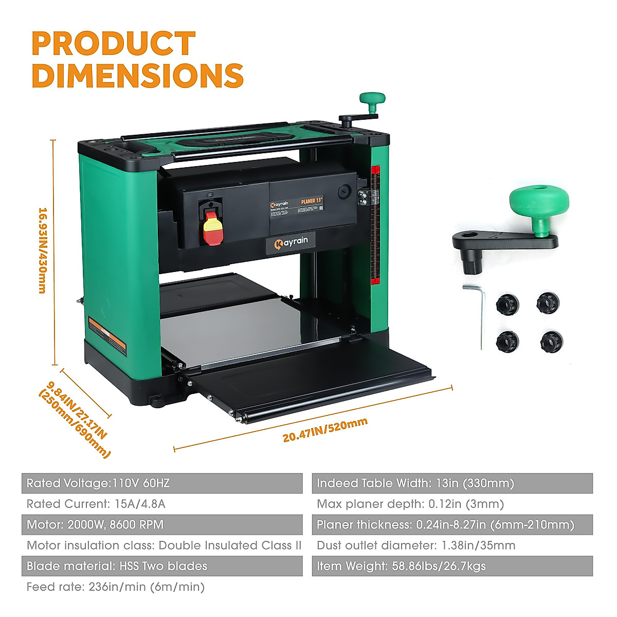 （Updated Model）Kayrain 13IN Power Benchtop Planer with HSS Double-sided Use Blades Electric Thickness Planer 15A 2000W Powerful Motor Wood Planers for Woodworking