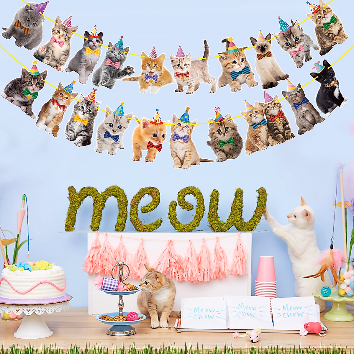 2pcs Cat Theme Party Banner Decorations Pet Cat Birthday Party Decorations Baby Cat Birthday Party Garland Decorations for Pet Kitties Theme Birthday Party Baby Shower Favor Bunting Supplies