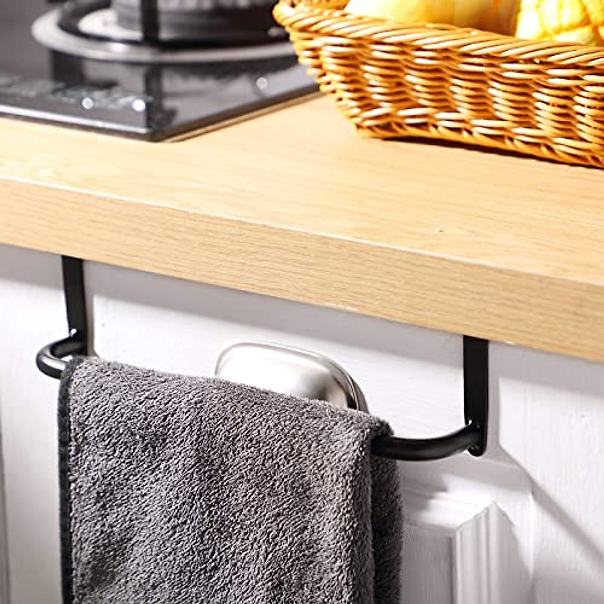 Metal Towel Bar Kitchen Cabinet Towel Rack Strong Steel Towel Bar Rack for Hanging on Inside or Outside of Doors, Home Kitchen Bathroom, Hand Towels, Dish Towels and Tea Towels (Black,2 Pieces)