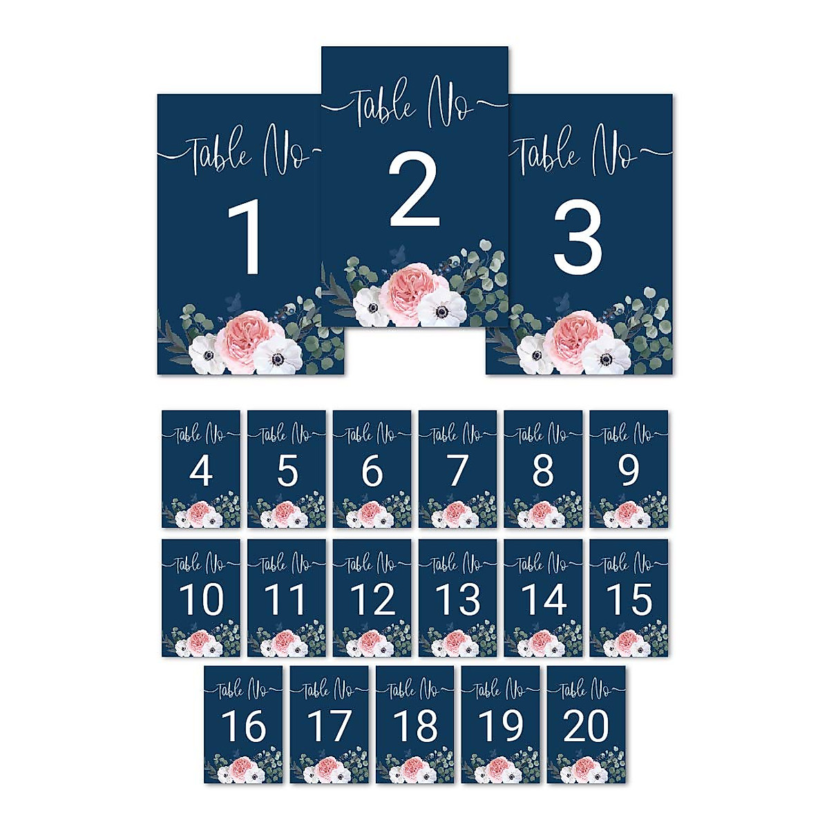 Andaz Press Winter Navy Blue with Eucalyptus Blossoms Wedding Table Numbers 1-20, 4x6-Inches Table Number Cards For Wedding Reception Table Number For Seating Chart For Wedding Reception, Boda
