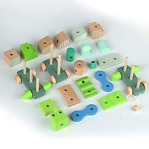 Toddler Montessori Toy, Wooden Block Train Set Stackable Building Blocks Toy Shape Sorter Toy Green Alligator Pull Toy for Baby Boy Ages 2 4 3 Years Birthday Gift Early Learning Educational Toy