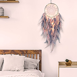 KHOYIME LED Dream Catcher Light Up Handmade Feather Dreamcatchers Boho Wall Hanging for Girls Kids Bedroom Bohemian Home Decor Wedding Ornament Craft Gift (Pink&Grey)