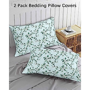 Edwiinsa Summer Tropical Leaves Pillow Covers Standard Size Set of 2 20x26 Bed Pillow, Blue Spring Floral Farmhouse Plush Soft Comfort for Hair/Skin Cooling Pillowcases with Envelop Closure