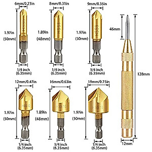Kigauru 6 Pcs Countersink Drill Bit Set 1/4 Inch Hex Shank 90 Degree Sets High Speed Steel 5 Flute Countersink Bit Wood Quick Change Bit 6mm-19mm with 1 Pcs Automatic Center Punch Tool