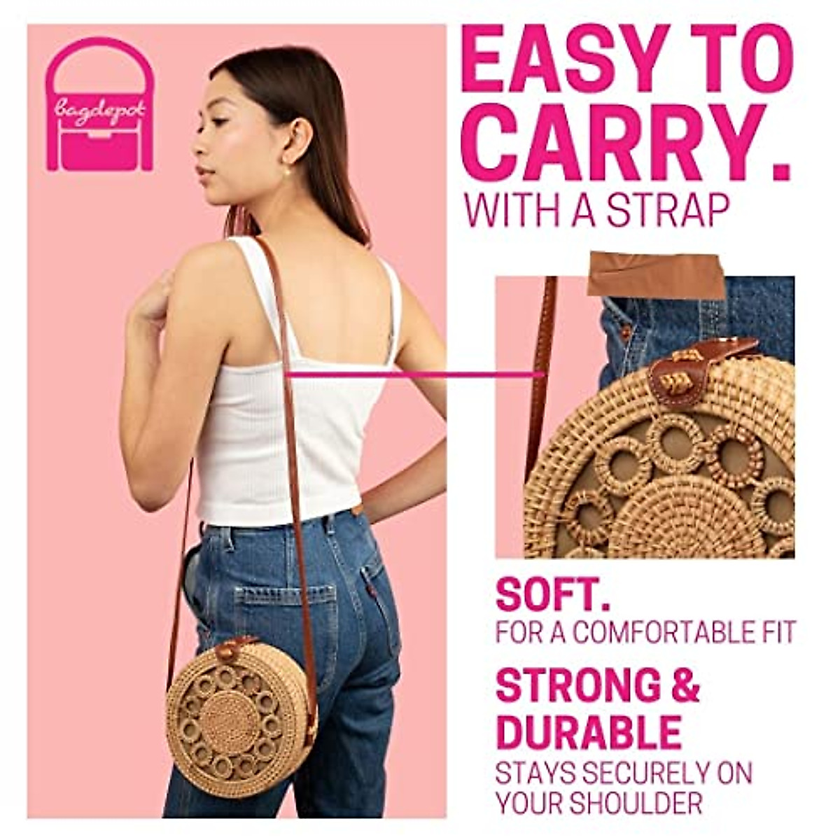 BAGDEPOT Round Rattan Bag With Shoulder Leather Strap. Made from Natural Rattan (Sunrise)