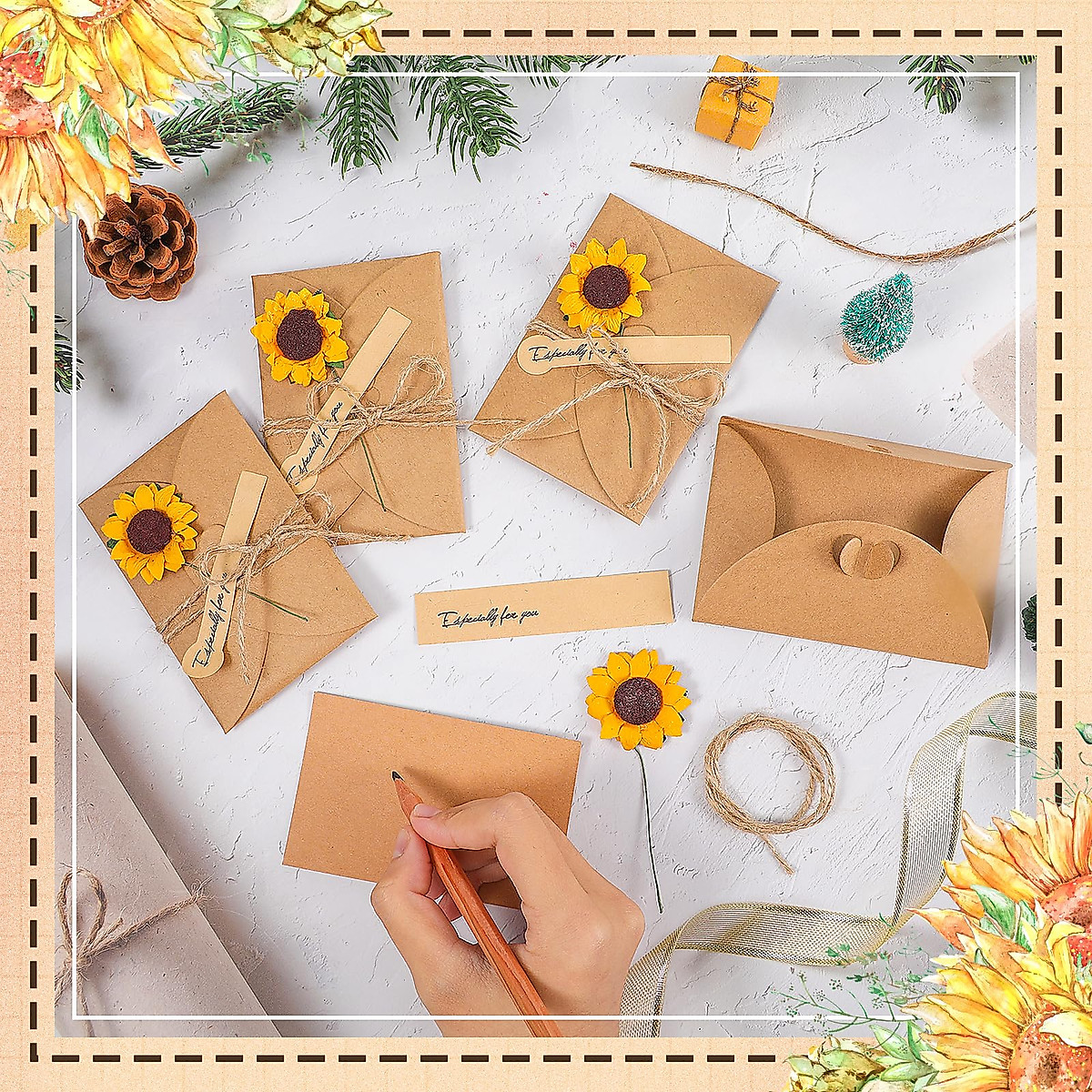 Qilery 50 Pcs Sunflower Gift Dried Flowers Greeting Cards Thank You Handmade Invitation Card DIY Vintage Kraft Blank Note Card with Envelopes for Birthday Christmas Teacher College, 2.76 x 4.13''