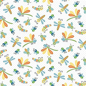 Quality Fabric Dragonflies, Happy Bugs on White Flannel by The 1/4 Yard