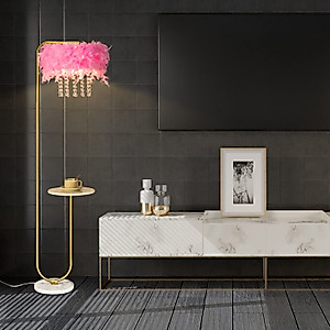 beaysyty Unique Led Pink Feather Floor Lamp with Tray,Ostrich Feather Stand Lamp,Living Room Bedroom Office Shop Window Decoration Lamp,Foot Switch and Brass/Gold Finish Arc Floor Lamp