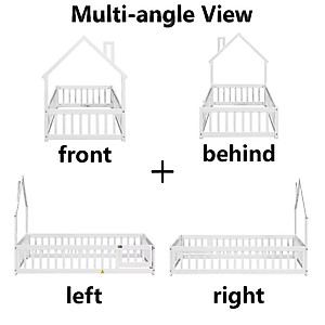 TURRIDU Twin Size Montessori Floor Bed with Fence and Door, House-Shaped Headboard Floor Bed with Full-Length Guardrails, Floor House Bed for Children Girls Boys, No Weight Limit, White