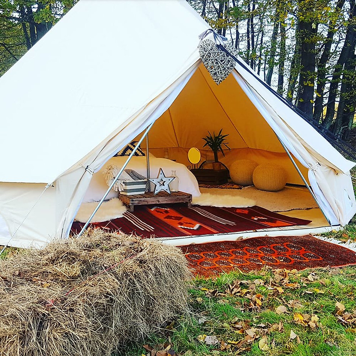 PlayDo 3M/9.8ft 4 Season Cotton Canvas Bell Tent Camping Yurt Tent Huning Wall Tent with Top Stove Hole for 2 Person