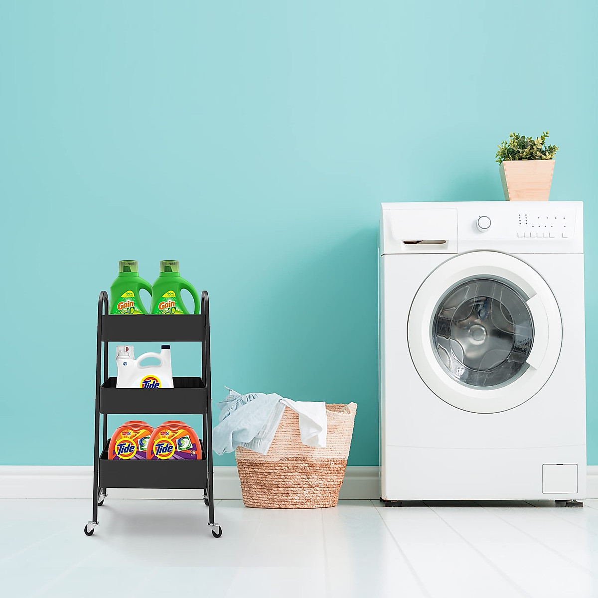 3 Tier Rolling Cart, Metal Ultility Cart with Extra Large Lockable Wheels, Makeup Storage Organizer Craft Trolley, Serving Cart Easy Assembly for Kitchen, Bathroom, Office (Black)