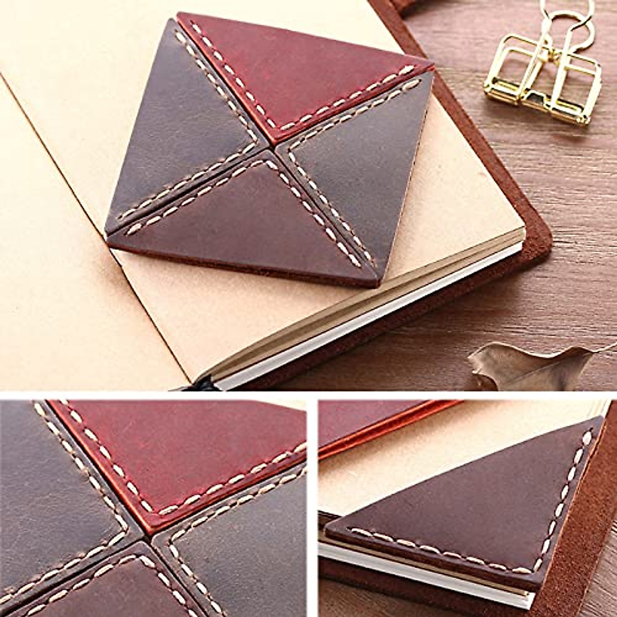 Quluxe 4 Pcs Leather Triangle Bookmark Page Corner Genuine Leather Bookmark Personalized Handmade Reading Book Marker for Bookworm Book Lover Gifts- Coffee, Brown, Red