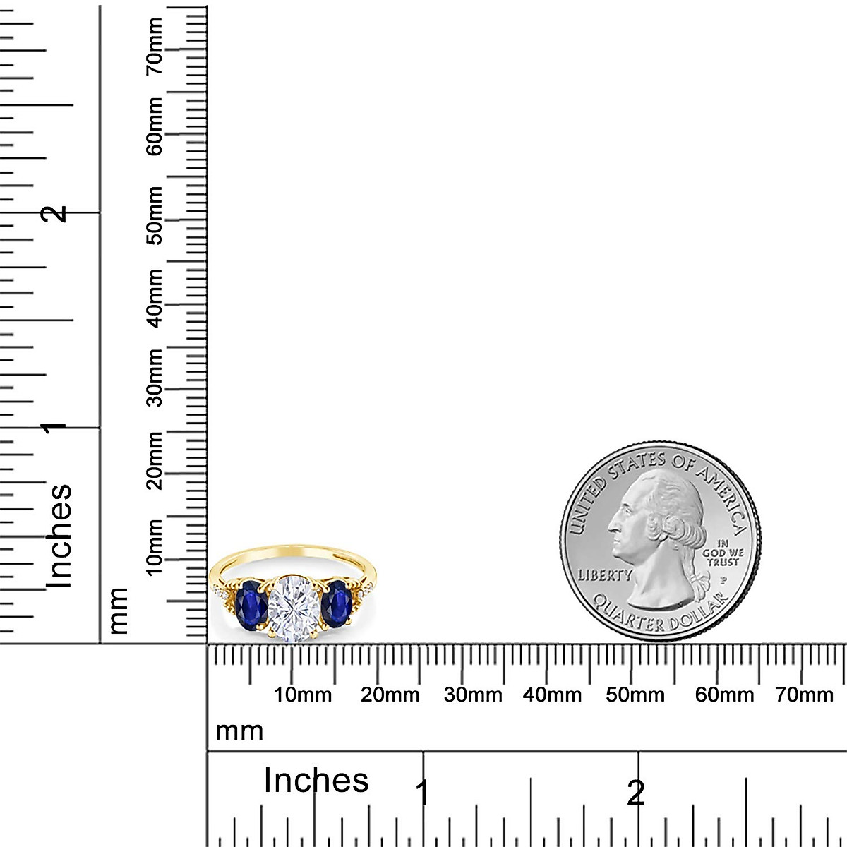 10K Yellow Gold 3-Stone Ring Forever Brilliant Oval 5.19cttw Moissanite by Charles & Colvard and Sapphire (Size 8)