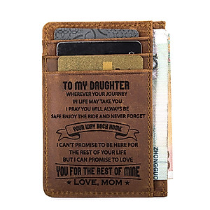 Engraved Minimalist Front Pocket RFID Blocking Wallets for Men&Women Mini Credit Card Holder Purse Thin Genuine Leather Brown Gift for Birthday, Anniversary or New Year - To My Daughter from Mom