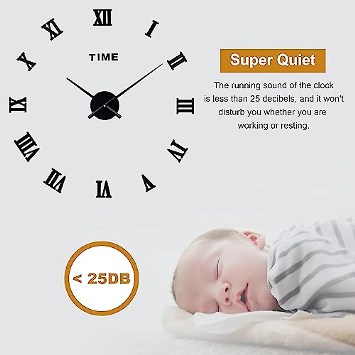 LIDNADY Roman Numerals DIY Wall Clock,3D Frameless Wall Clock,Large Modern Design Decor Sticker DIY Wall Clock Kit for Bedroom Living Room Home Decorations,Adjustable Size and Easy to Assemble (Black)