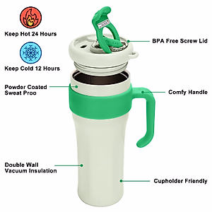 40oz Insulated Tumbler with Lid and Straw, Stainless Steel Water Bottle Cups with Handle, Leak-proof Travel Coffee Mug for Hot and Cold Beverages (Green)