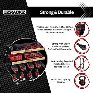 Ezrackz Power Tool Organizer Wall Mount, Cordless Tool Organizer, 3 Heavy Duty Drill Holder Wall Mount Shelves, Power Tool Storage Rack, 150lb Cap, Garage Shed Organization Battery & Charger Shelf
