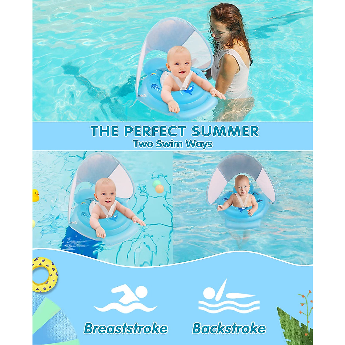 Baby Pool Float with Canopy, Baby Swimming Float Add Tail No Flip, Infant Pool Float, Inflatable Toddler Pool Float with Toys for Age of 3-36 Month (Large)