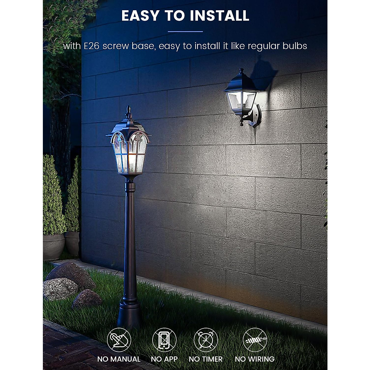 MikeWin Dusk to Dawn Light Bulbs Outdoor, Auto ON/Off Light Sensor LED Bulb 13W(100W Equivalent) Super Bright A19 E26 5000K Daylight Security Light Bulbs for Porch Garage Patio Front Door, 2 Pack