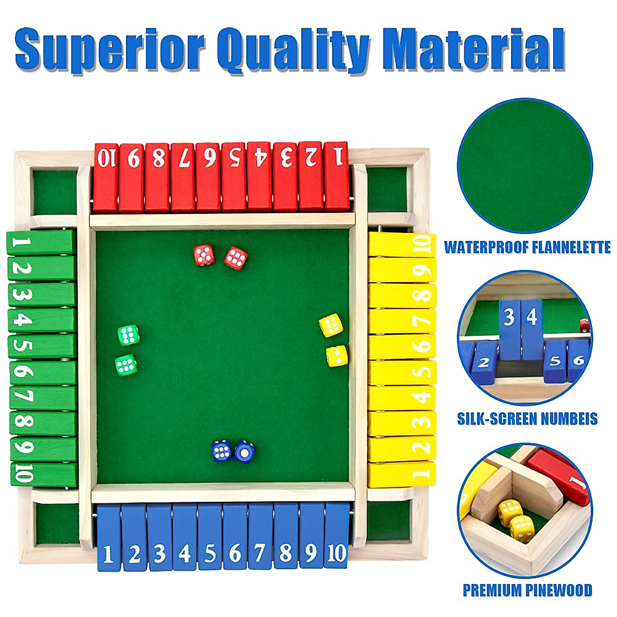 Shut The Box Game, 12 Inches Family Wooden Board Table Math Dice Games for Adults and Kids, 2-4 Player Classics Tabletop Version Games for Classroom,Home,Party or Pub