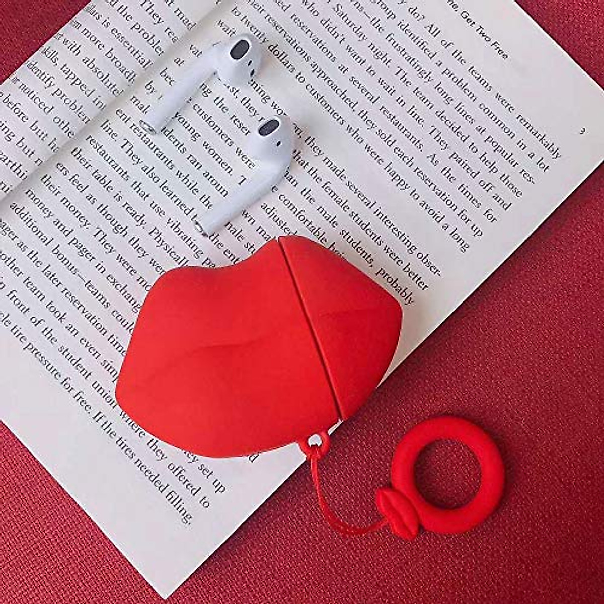 Rertnocnf Compatible with Earbuds Case Airpods 1 & 2, Creative 3D Lips Design Personality Red Lip Portable Accessories Soft Silicone Protective Wireless Earphone Charging Case with Ring Decoration