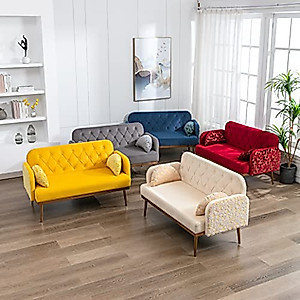 Lin-Utrend 55" Yellow Small Velvet Loveseat Couch with Elegant Moon Shape Pillows, 2-Seater Upholstered Modern Sofas Accent Loveseat Sofa Couch Small Space for Living Room Apartments