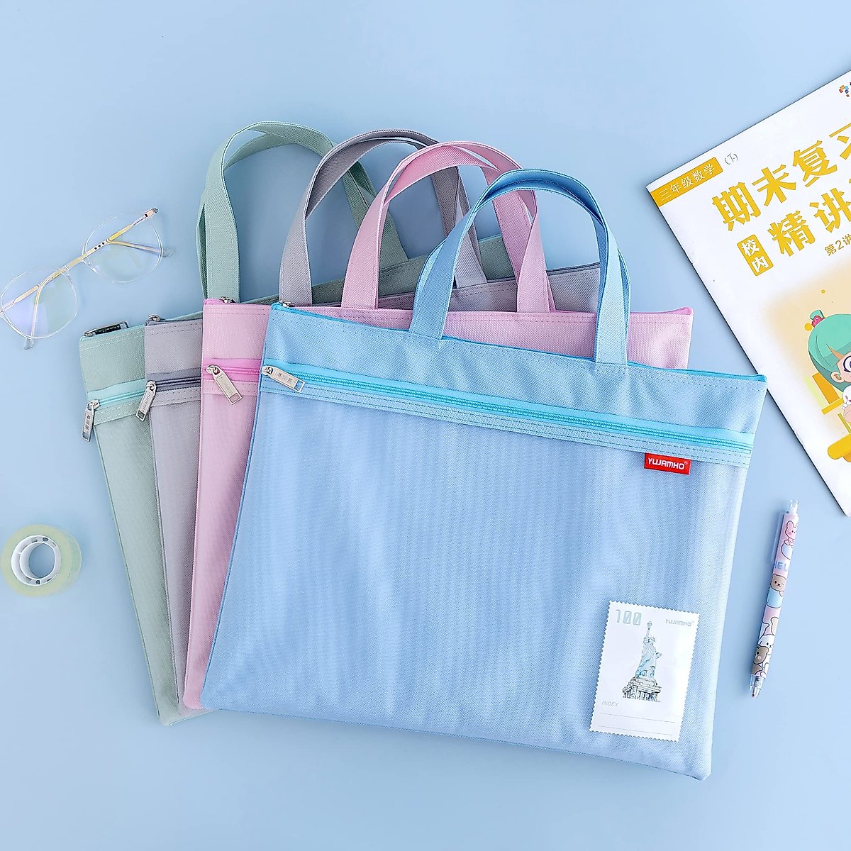 Pendancy Mesh Zipper Pouch 11x13.7 in, Large Double Pocket Waterproof File Bag with Handle, A4 Size Foldable Document Storage for Puzzle Project/Cross Stitch/Travel/Office（Blue）