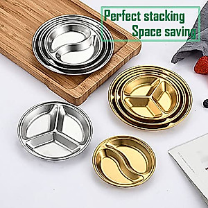 6 Pack Appetizer Plates, Mini Sauce Dishes, Side Dish Bowls, Soy Sauce Dish, Small Bowl/Dish for BBQ, Condiments, Appetizer, Dessert, Sushi, 3 sizes, large, medium and small. (Golden, 3 Compartment)