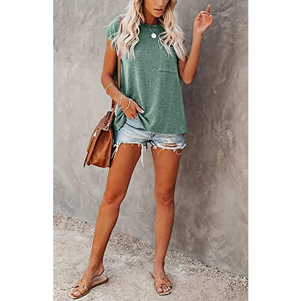 MEROKEETY Women's Casual Cap Sleeve T Shirts Basic Summer Tops Loose Solid Color Blouse Green