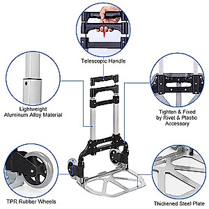 Double Rhombus Folding Hand Truck Dolly Cart, 330 Lbs Load Capacity Aluminium Trolley Cart with Telescoping Handle, 2 Rubber Wheels, Bungee Cords for Luggage, Travel, Moving, Shopping, Office Use
