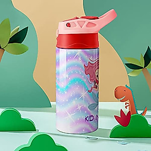 Custom Pink Mermaid Kids Water Bottle with Straw Lid Personalized Add Your Text Stainless Steel Sports Water Bottles Customized Reusable Leak-Proof Toddlers Cup for School, Travel