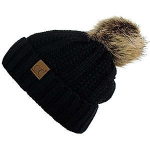 C.C Thick Cable Knit Faux Fuzzy Fur Pom Fleece Lined Skull Cap Cuff Beanie, Black