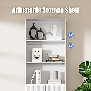 Housoul Modern Bookshelf with Doors, 63" Tall Bookshelf with Storage, 3 Shelf Bookcase with Adjustable Shelf, 3 Tier Bookshelf, Open Shelves Bookcase, Unique Bookshelf for Bedroom & Office, White
