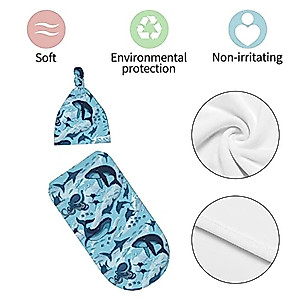 Sea Waves Dolphins Sharks Whale Octopus Newborn Swaddle Blankets Baby Wrap Blanket Soft with Beanie Hat Sets Gifts for Infant Boy Girl