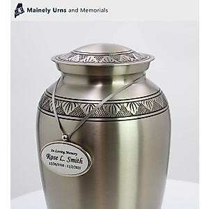 Hanging Silver Oval Personalized Pendant For Cremation Urns That Can’t Be Engraved - Includes Silver Satin Ribbon - Made of Solid Brass - Silver Tone Finish with Black Engraving