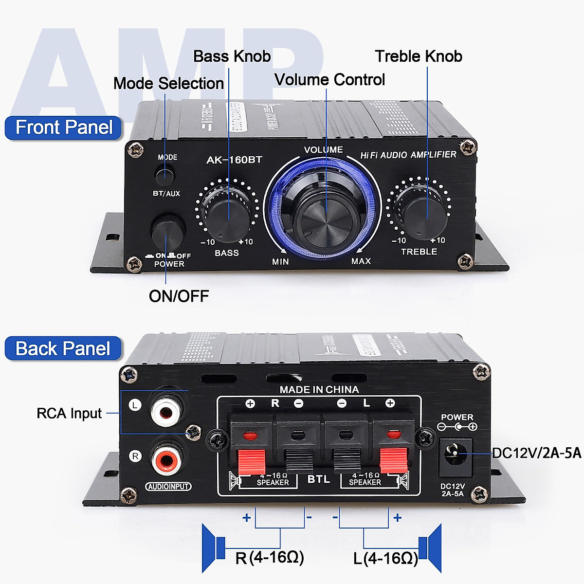 AK-160 Bluetooth Amplifier 18W+18W Power Output with 12V/3A DC Power Supply,2.0 Channels Bluetooth Amplifier Supports Bluetooth/RCA Input