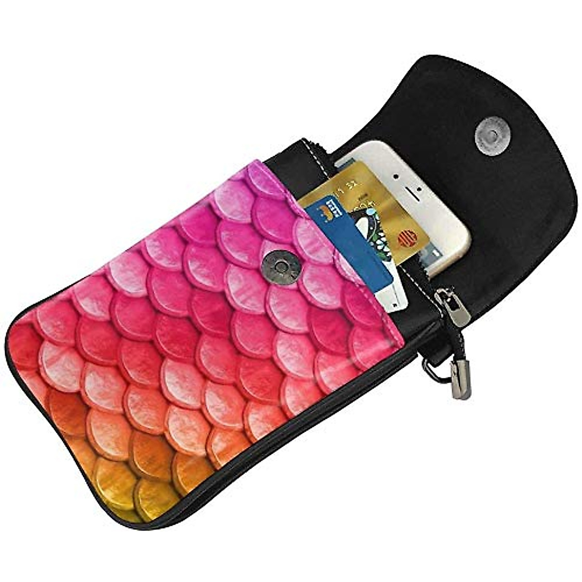 Beautiful Colorful Rainbow Mermaid Scales Women Soft PU Leather Cellphone Purse Wallet Handbag Small Crossbody Shoulder Bag