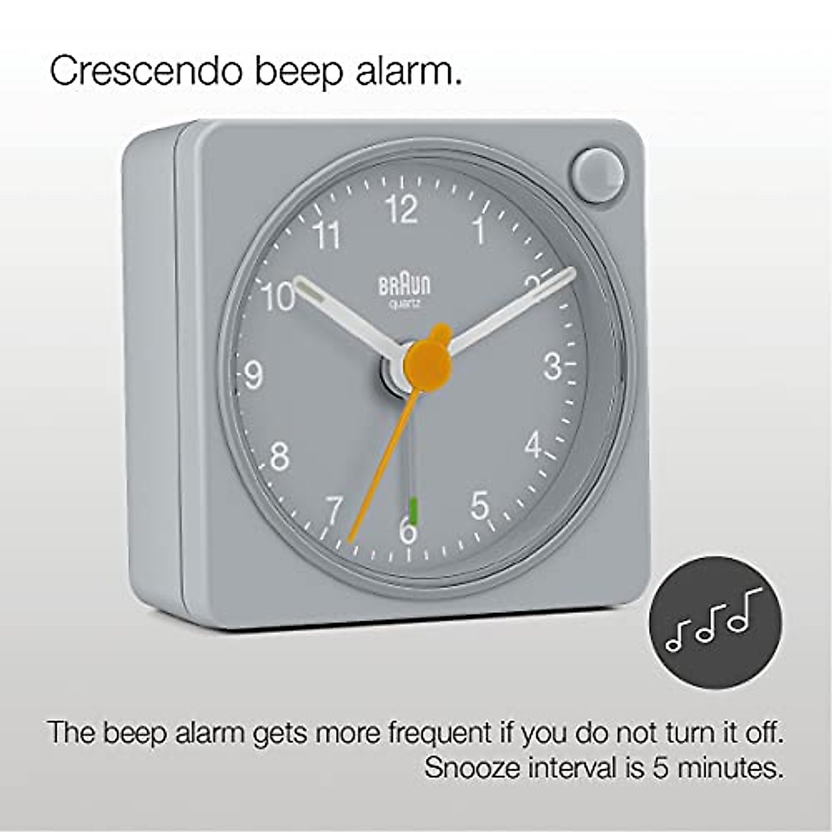 Braun Classic Travel Analogue Alarm Clock with Snooze and Light, Compact Size, Quiet Quartz Movement, Crescendo Beep Alarm in Grey, Model BC02XG