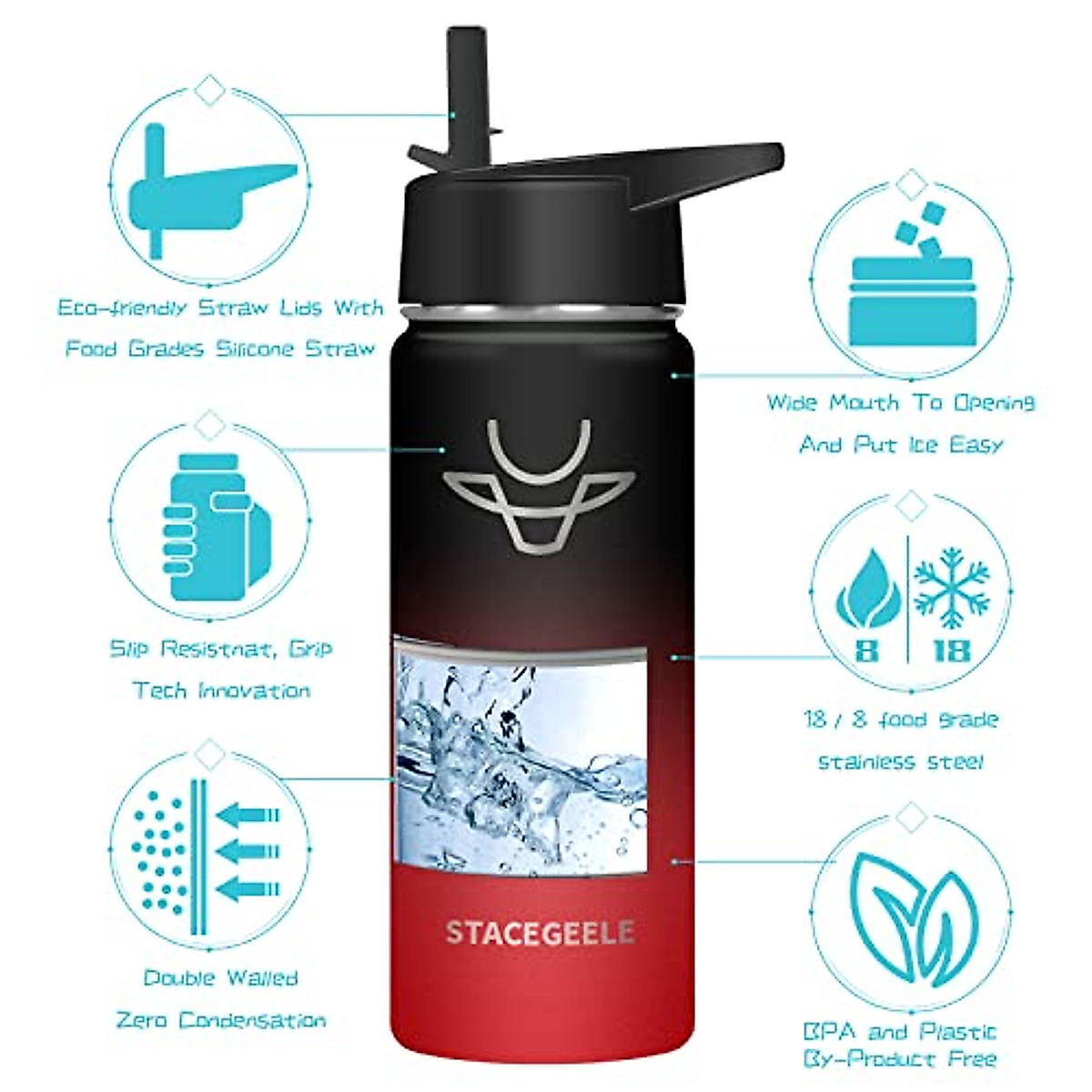 STACEGEELE Insulated Vacuum Water Bottle for Kids with Straw Lid Stainless Steel Flask Thermos for Boys and Girls Leak Proof Lightweight Eco Friendly 18oz(550ml),Ice Coke