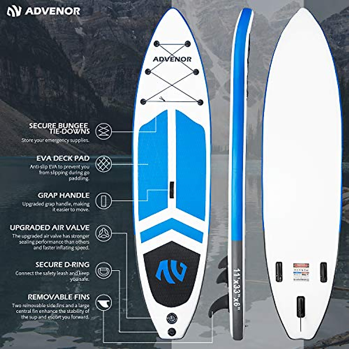 ADVENOR Paddle Board 11'x33 x6 Extra Wide Inflatable Stand Up with SUP Accessories Including Adjustable Paddle,Backpack,Waterproof Bag,Leash,and Hand Pump,Repair Kit (Blue)