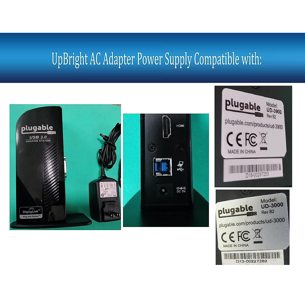 UpBright 5V AC/DC Adapter Compatible with Plugable UD-3000 UD-3900 UD-5900 UD3000 UD3900 UD5900 Pro 8 UD-PRO8 USB3.0 Dual Monitor Video Docking Station USB 2.0 10 Port Hub 5VDC 4A Power Supply Charger