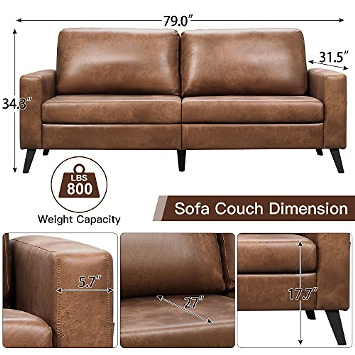 Esright Leather Sofa Couch, Faux Leather Couch 79" Wide, Mid Century Modern Couches for Living Room, Brown Leather Sofa Couch, Saddle Brown